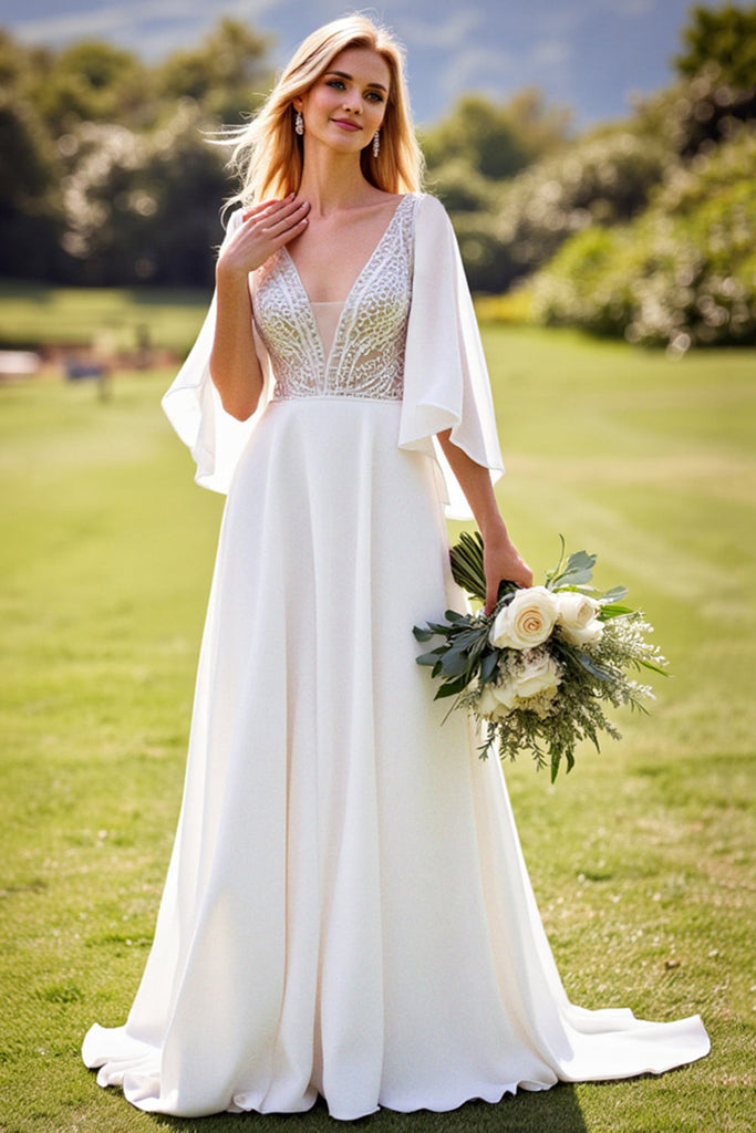 WEDTREND Women Ivory Wedding Dress A Line 3/4 Sleeves Lace Appliqued V ...