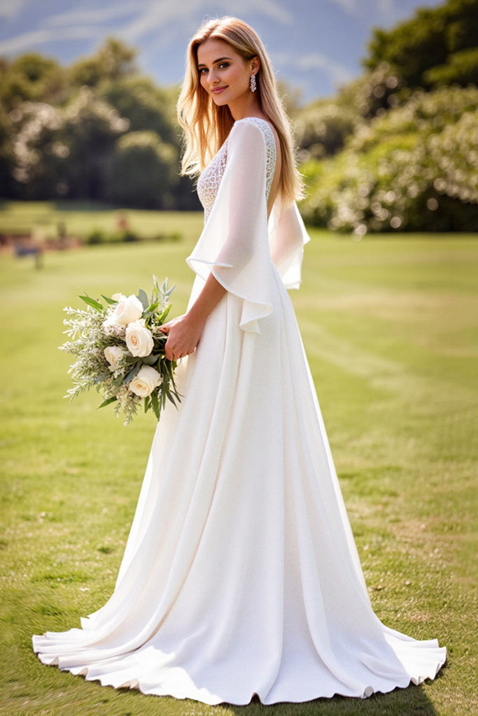 WEDTREND Women Ivory Wedding Dress A Line 3/4 Sleeves Lace Appliqued V ...