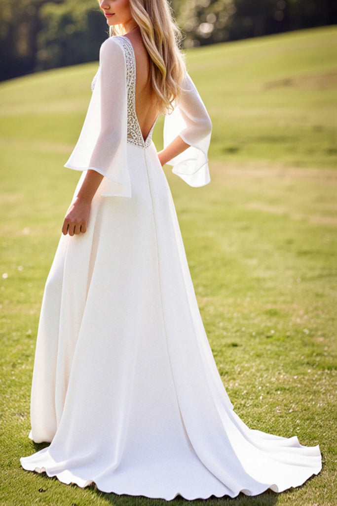 WEDTREND Women Ivory Wedding Dress A Line 3/4 Sleeves Lace Appliqued V ...