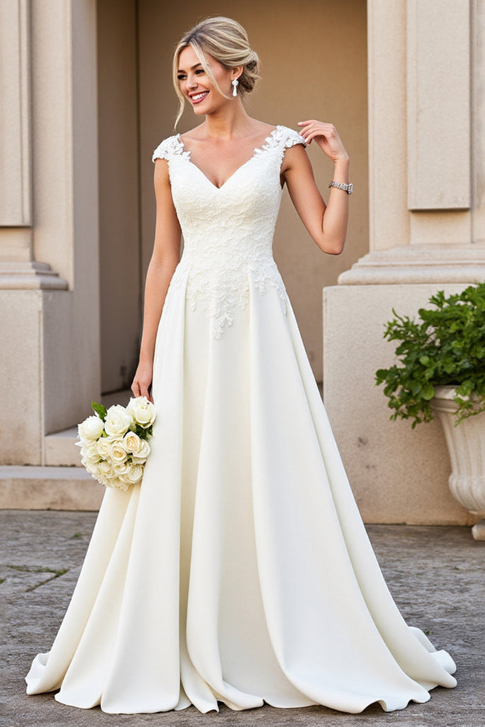 WEDTREND Women Ivory Long Bridal Dress A-Line V Neck Lace Cap Sleeve ...