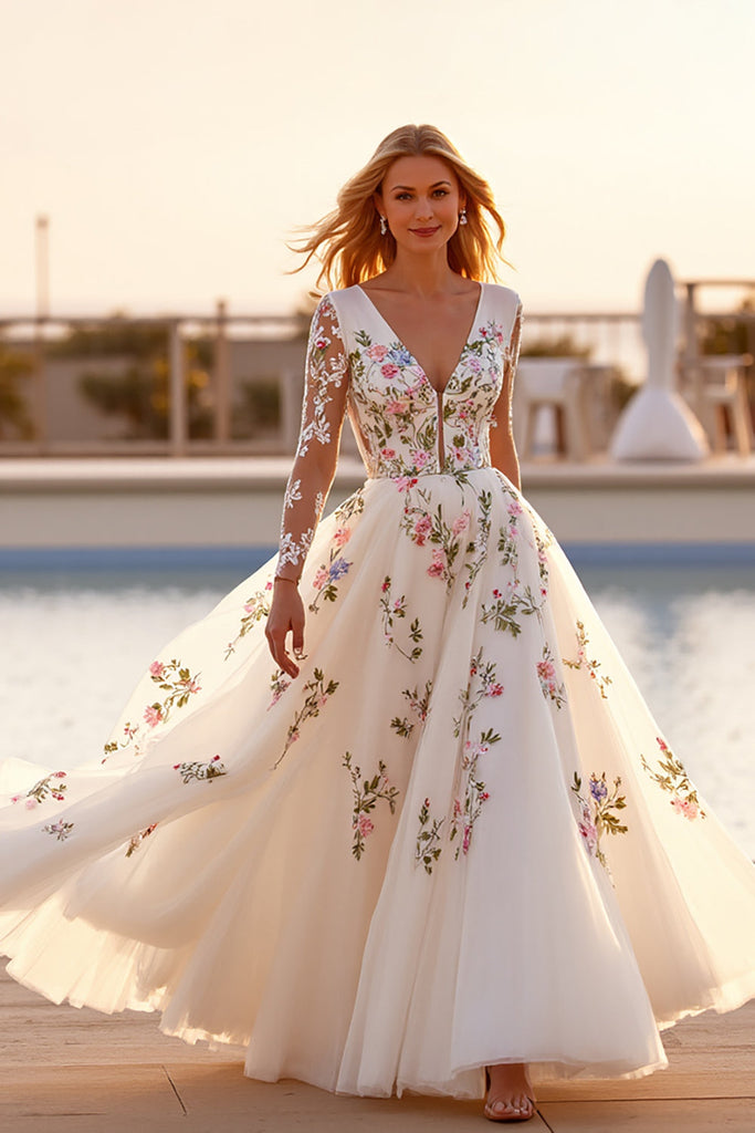 WEDTREND Women Floral Wedding Dress White Appliqued A Line V Neck Long ...