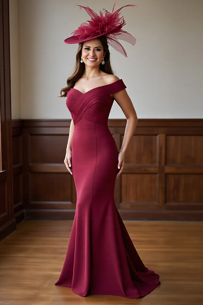 WEDTREND Women Burgundy Mother of the Bride Dress Ruched Mermaid Off ...