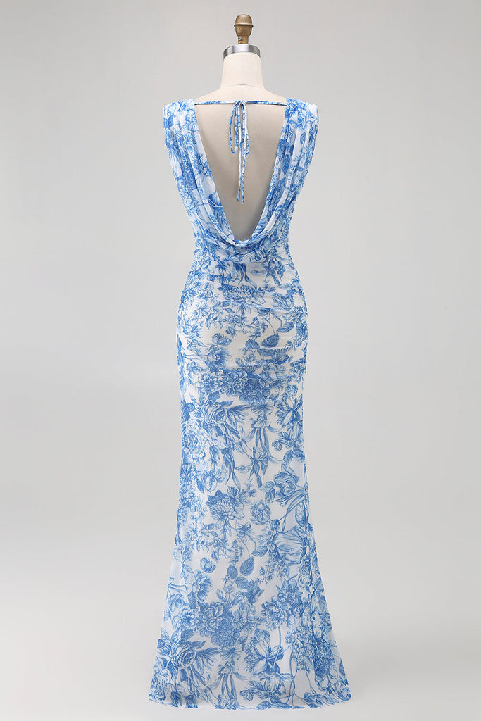 WEDTREND Women Blue Flower Long Bridesmaid Dress with Slit Cowl Neck ...