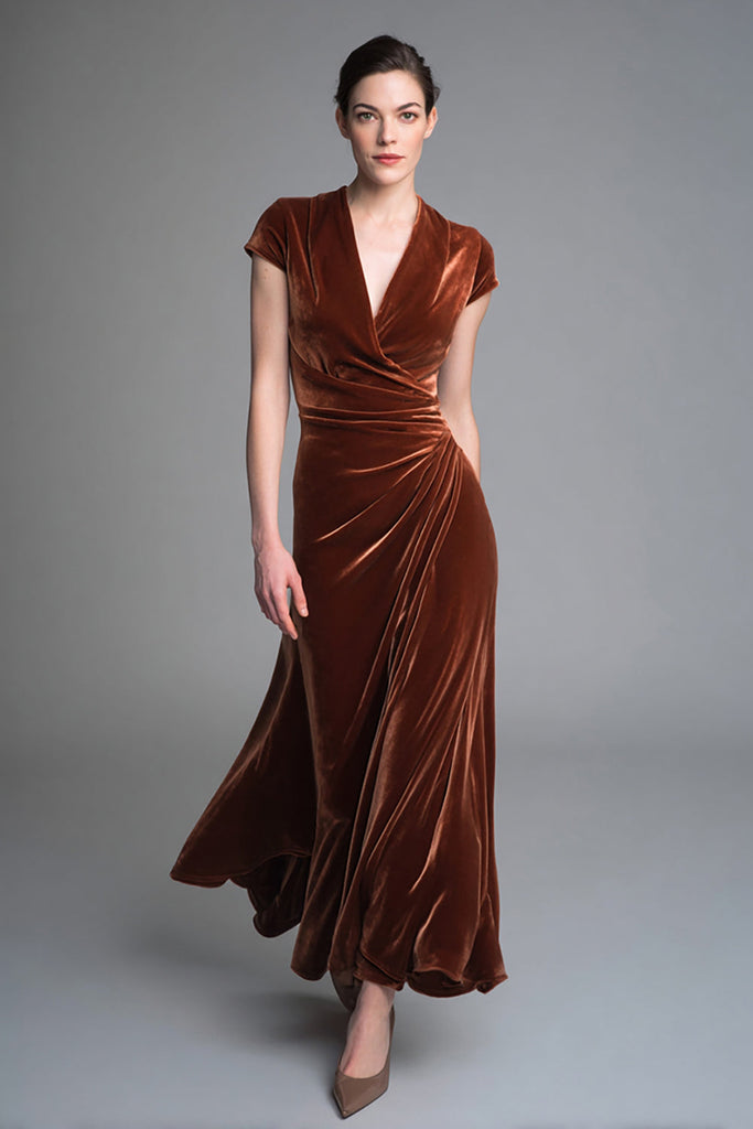 WEDTREND Women Caramel Velvet Holiday Party Dress Ruched V Neck Formal ...