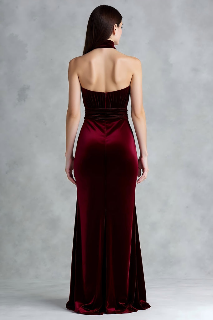 WEDTREND Women Burgundy Velvet Holiday Party Dress Halter Ruched ...