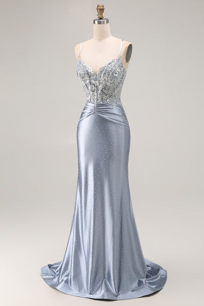 WEDTREND Women Grey Blue Prom Dress Corset Appliqued Mermaid Spaghetti ...
