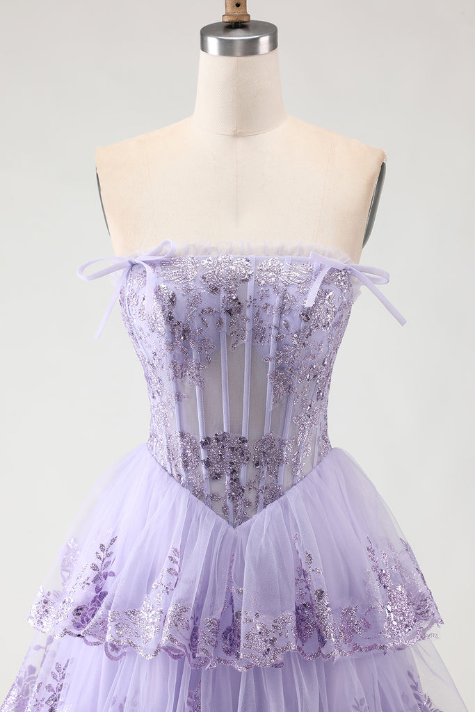 WEDTREND Women Tiered Lilac Prom Dress Ruffled Corset Appliqued ...